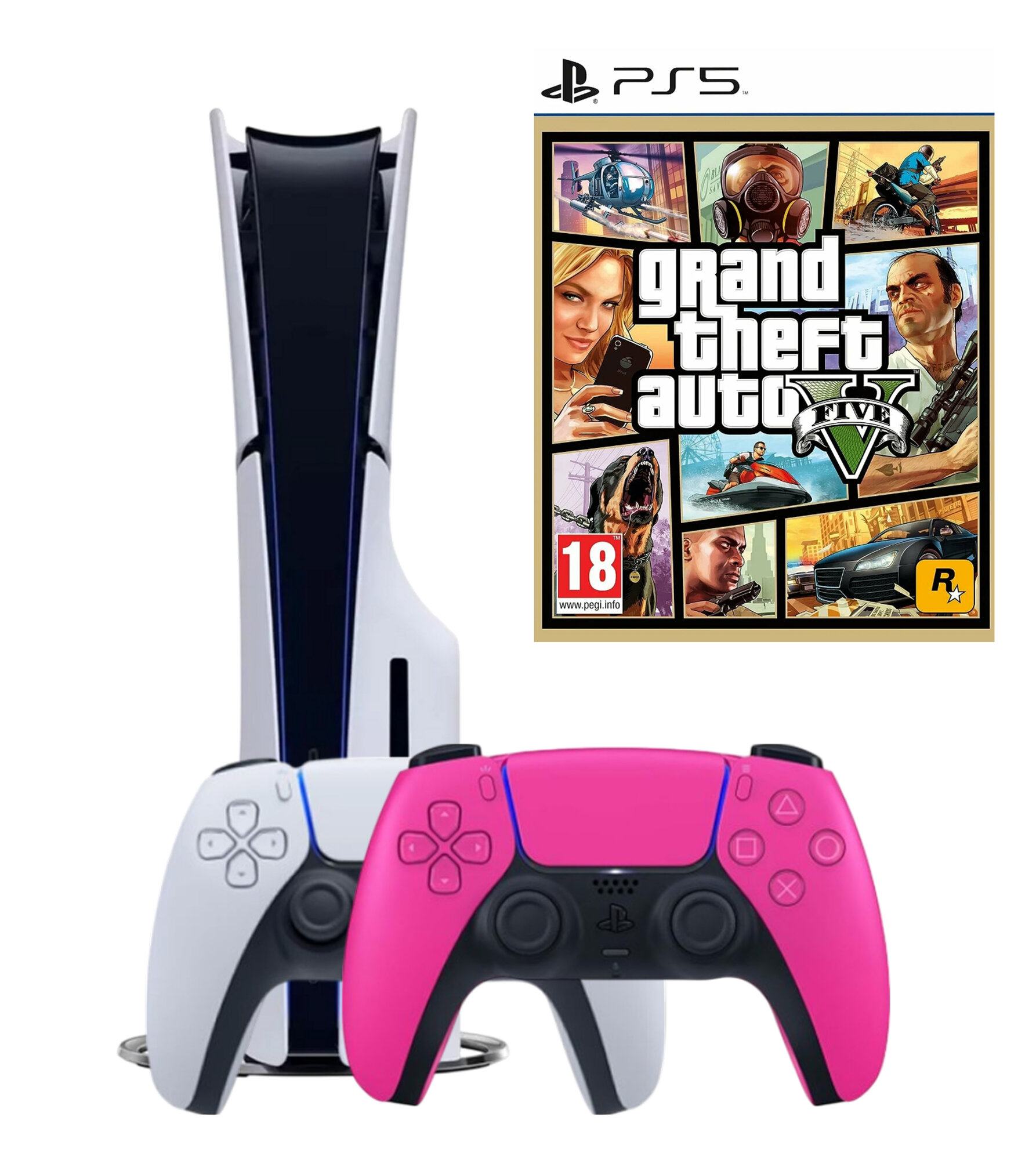 Игровая приставка Sony PS5 Slim + 2й геймпад розовый + игра GTA