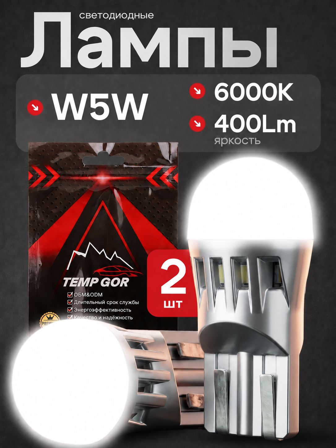 W5W Светодиодная лампа 2шт T10 LED W5W 6000K 12V лампочки габаритные светодиодные Temp Gor