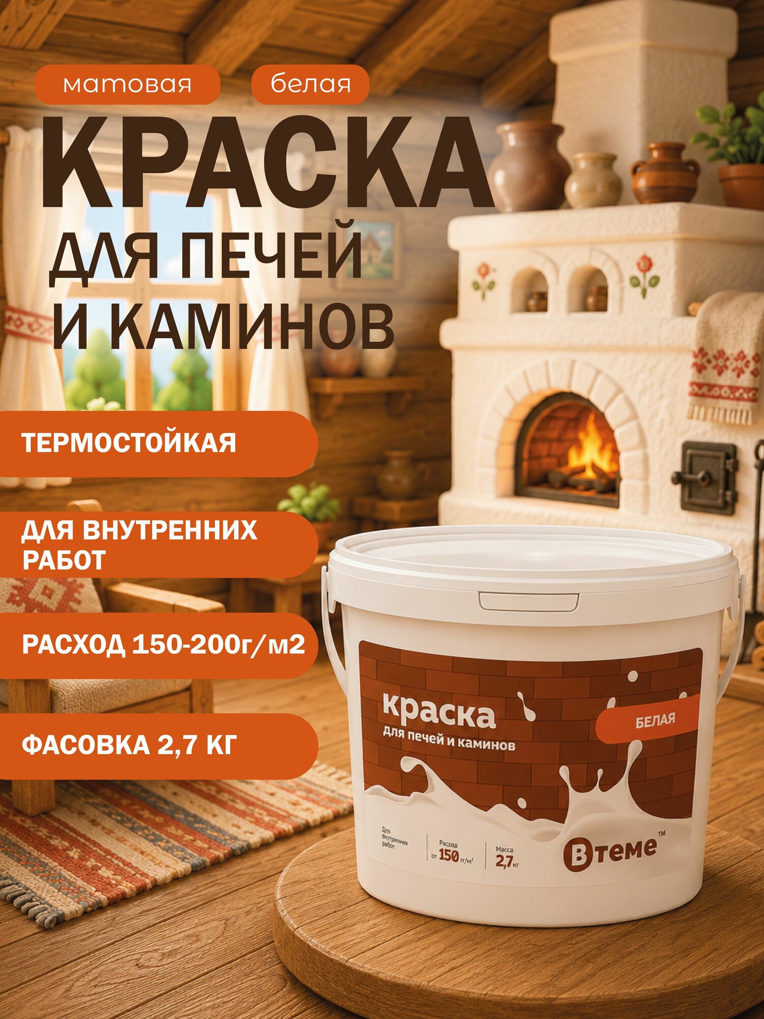 ВТеме Краска для печей и каминов термостойкая акриловая без запаха белая матовая 2,7кг