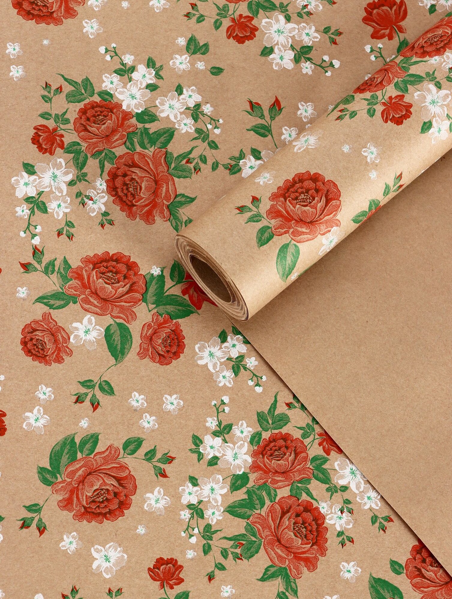 Бумага упаковочная крафт Пионы , красный, 0.72 10 5% м, 60 г