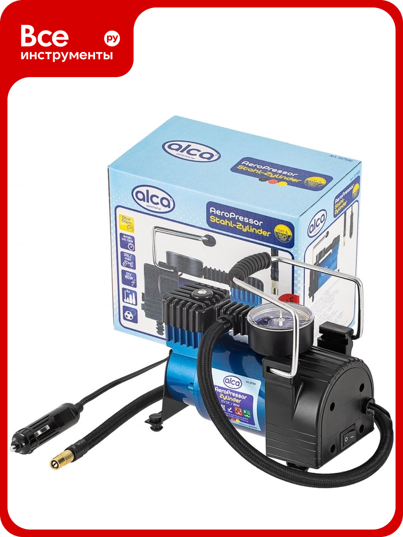 Компрессор Alca 12 В, 15 А/мин, 180 Вт, поршневой, максимальное давление 10 атм, производительность 35 л/мин, длина