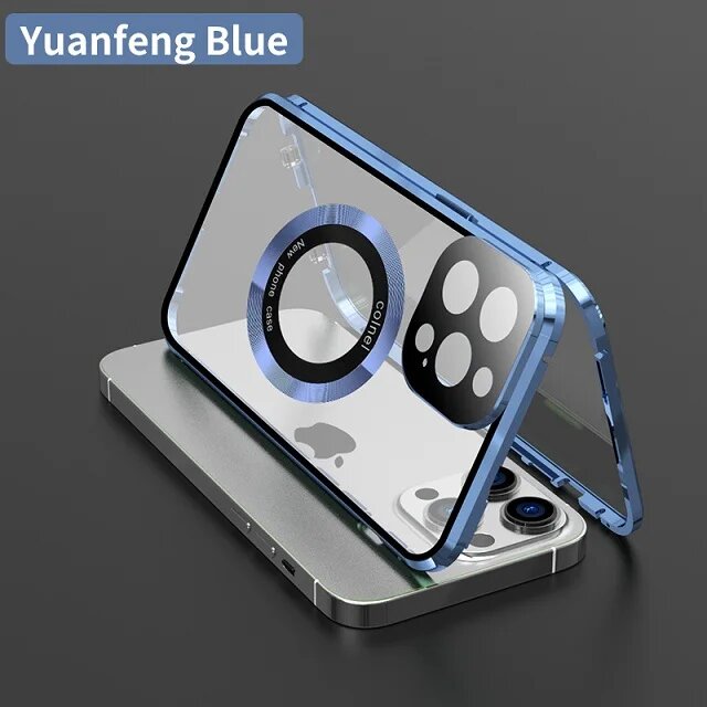 360 ° Металлический магнитный двухсторонний стеклянный чехол с двойным замком для iPhone 17, 11, 12, 13, 14, 15, 16 Pro Max с защитой объектива для айфон 12 про макс, TouBiao Blue