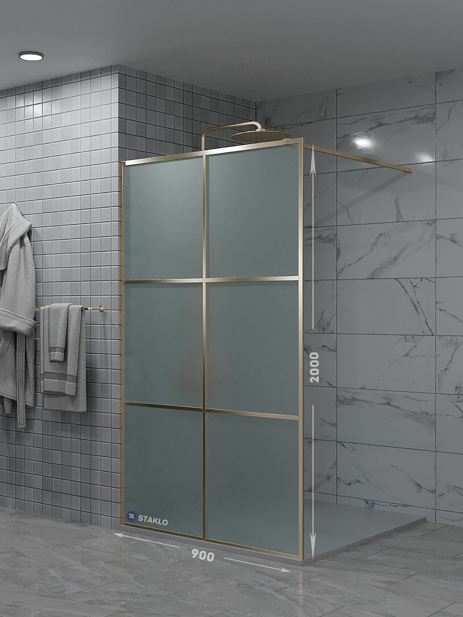 Loft душевая одиночная перегородка staklo 90x200 из матового обычного стекла бронза фурнитура