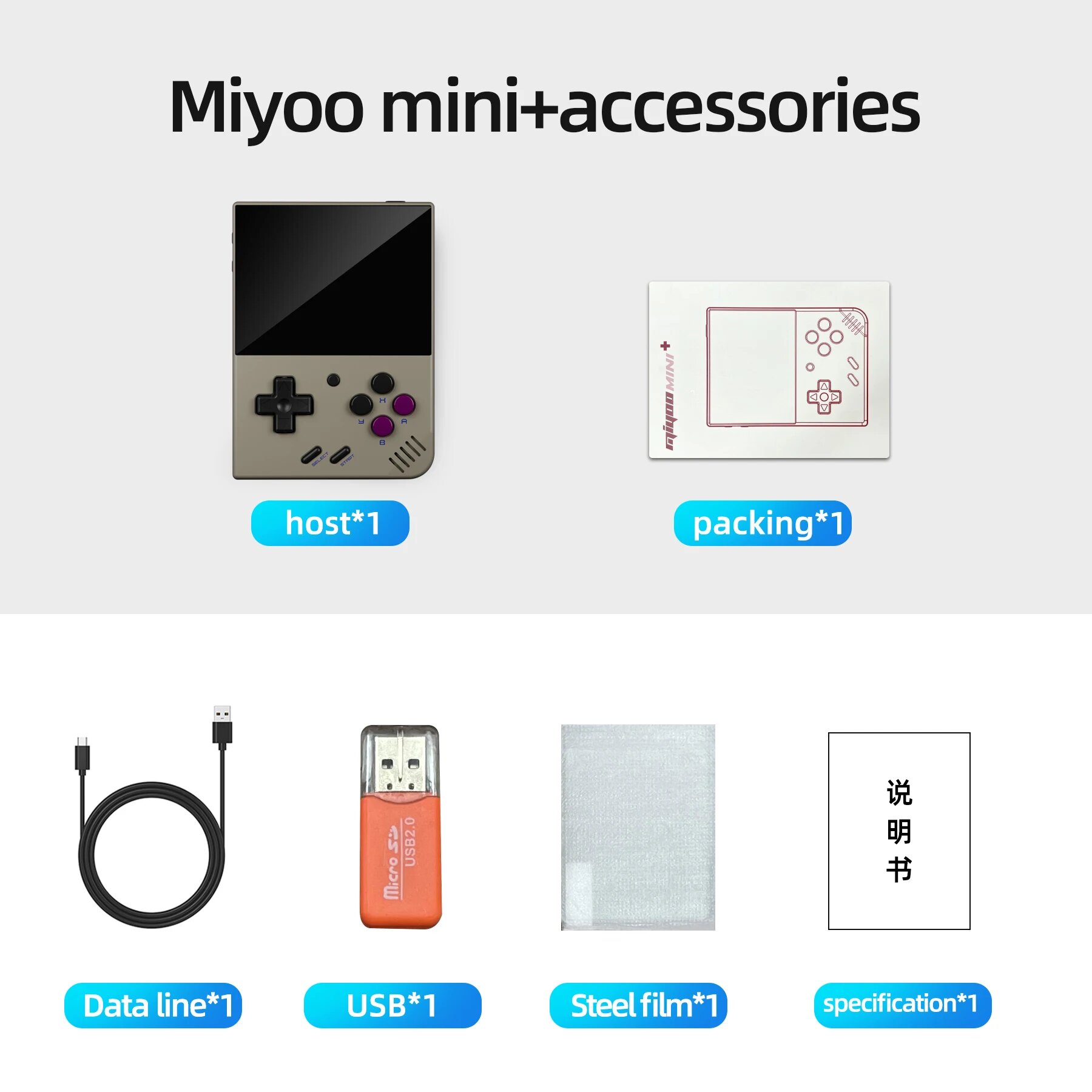 MIYOO Mini Plus Портативная игровая консоль 32G(9K Games), Серый, Grey