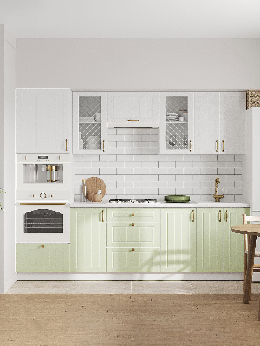 Кухонный гарнитур Флоренс 2.6 м, мебель для дома и кухни, Белый / Белый текстурный со стеклом / Фисташковый структурный