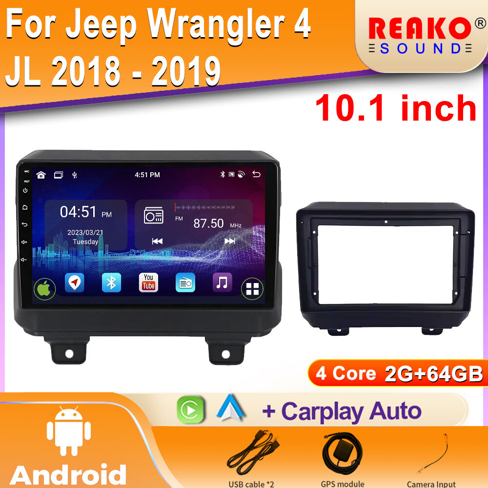 Магнитола для Jeep Wrangler 4 JL 2018 - 2019, с камерой заднего вида. IPS экран 10 дюймов, Wifi 2din с сенсорным экраном, usb и блютузом.