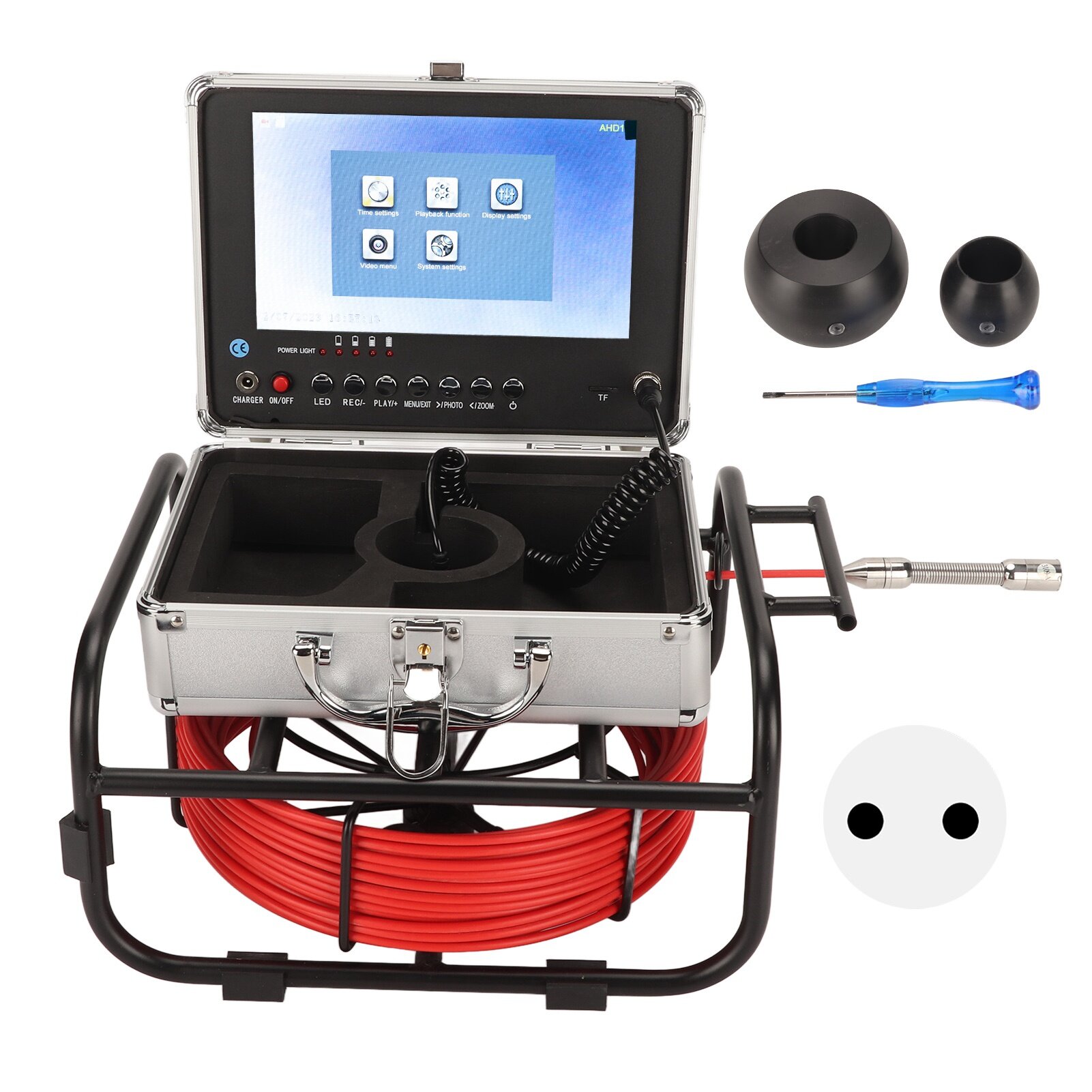 Камера эндоскопа трубы AHD 720p 8 Регулируемый светодиодный свет 9 дюйм ЖК -дисплей камера камера канализации 17 мм диаг. 100–240 В 40 м.