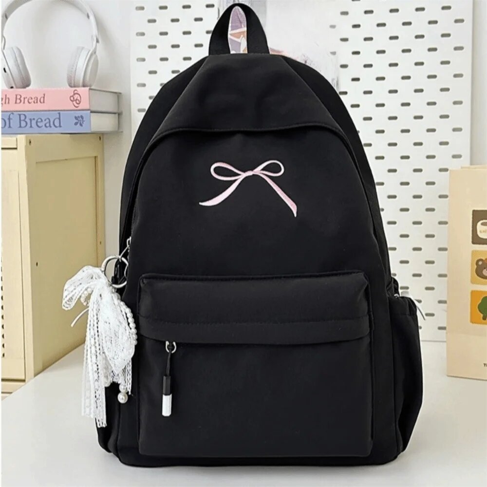 Портативный рюкзак с вышитым бантом для девочек, нейлоновый школьный Черный, Black-with pendant