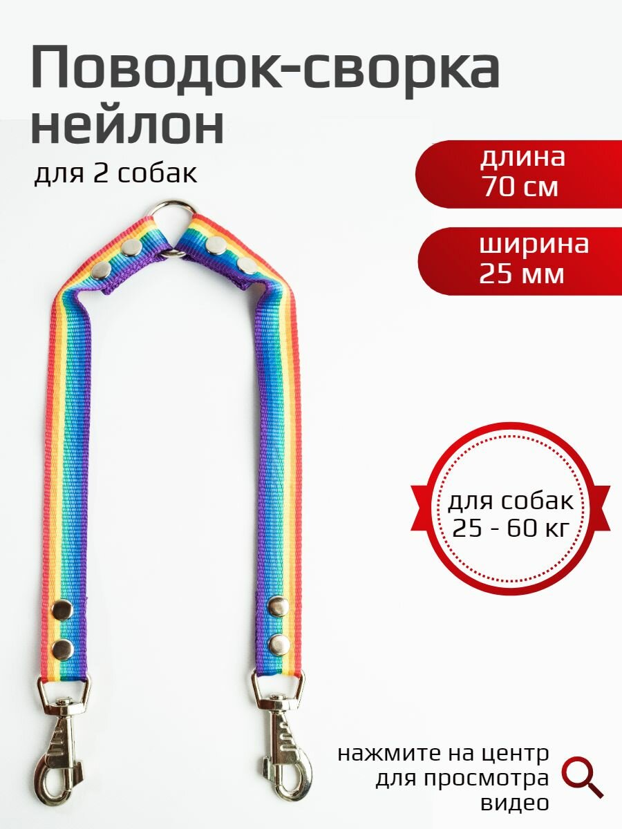 Поводок-сворка Хвостатыч для двух собак нейлон 70 см х 25 мм (радуга)