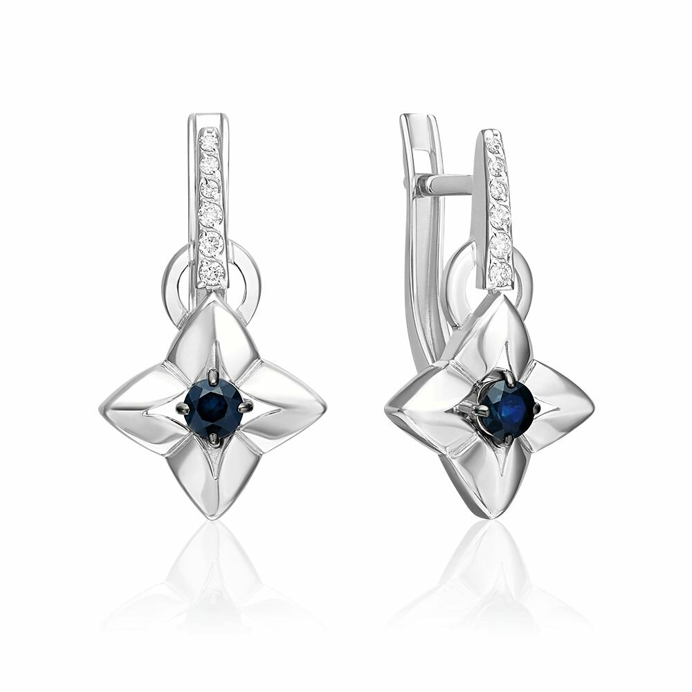 Серьги, белое золото, 585 проба, родирование, бриллиант, сапфир