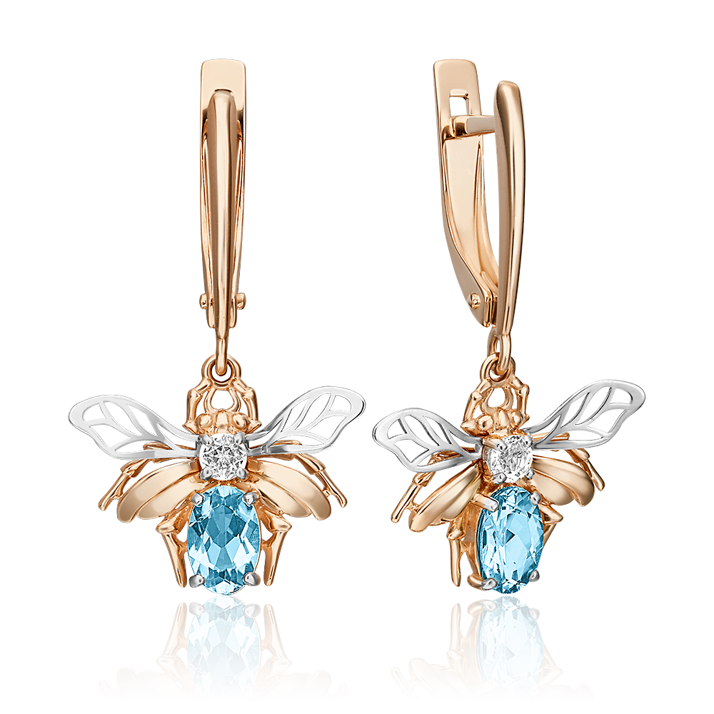 Серьги, комбинированное золото, 585 проба, топаз