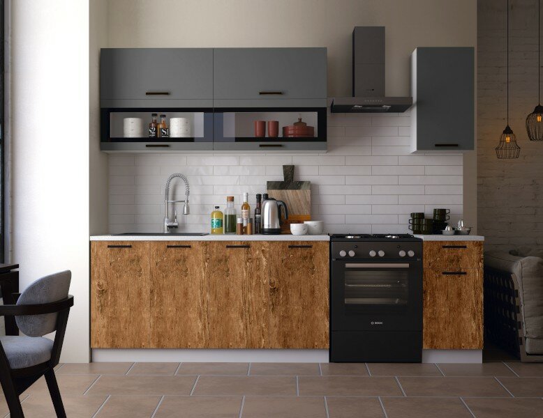 Кухня Миф Техно 2,0м Компановка №2 Графит софт NEW/Экзотическое дерево Амазония, Белый (Кастилло)