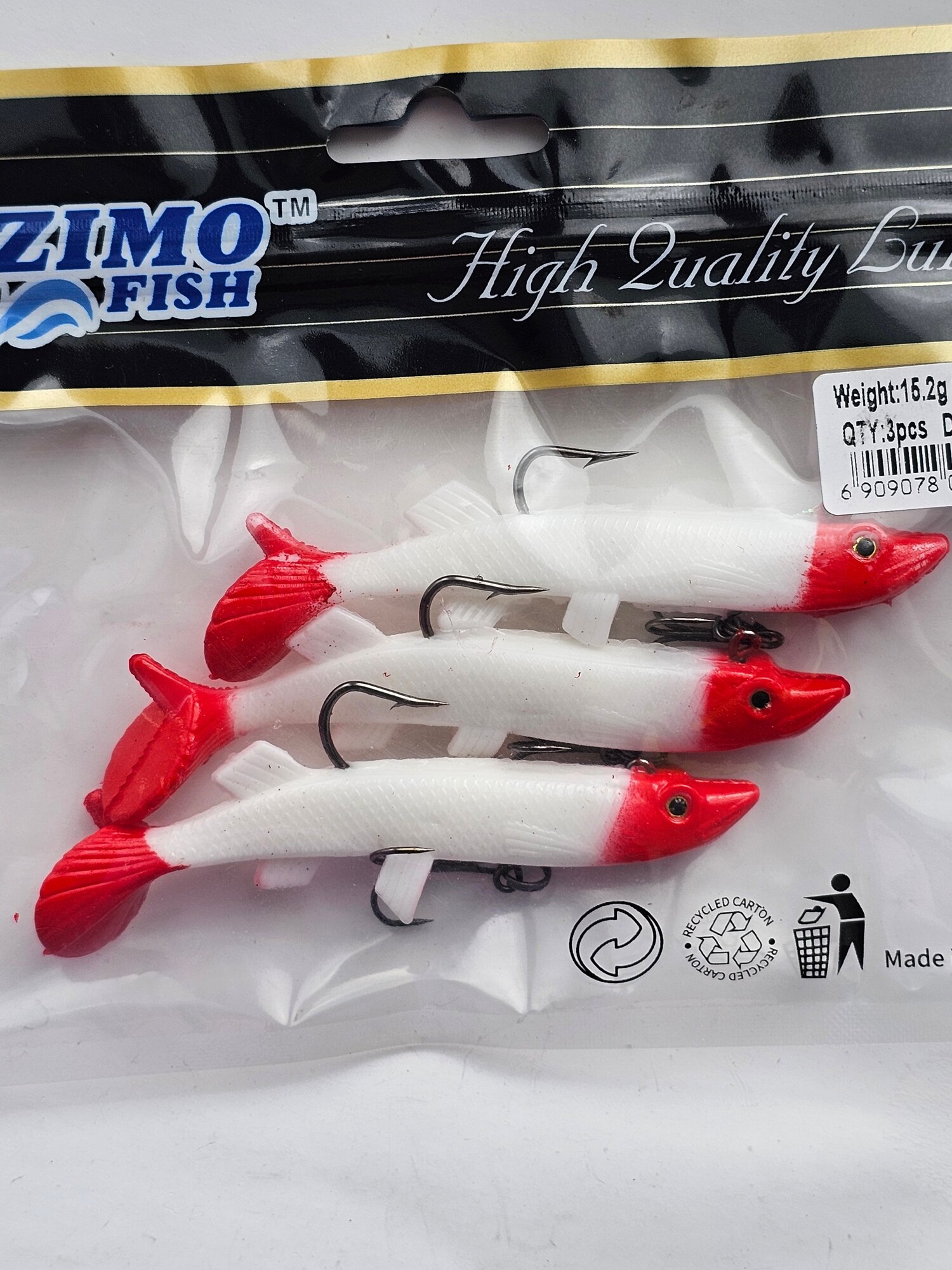 Набор из 3 силиконовых приманок для рыбалки (виброхвост) 15.2г красная голова, хвост и белое тело