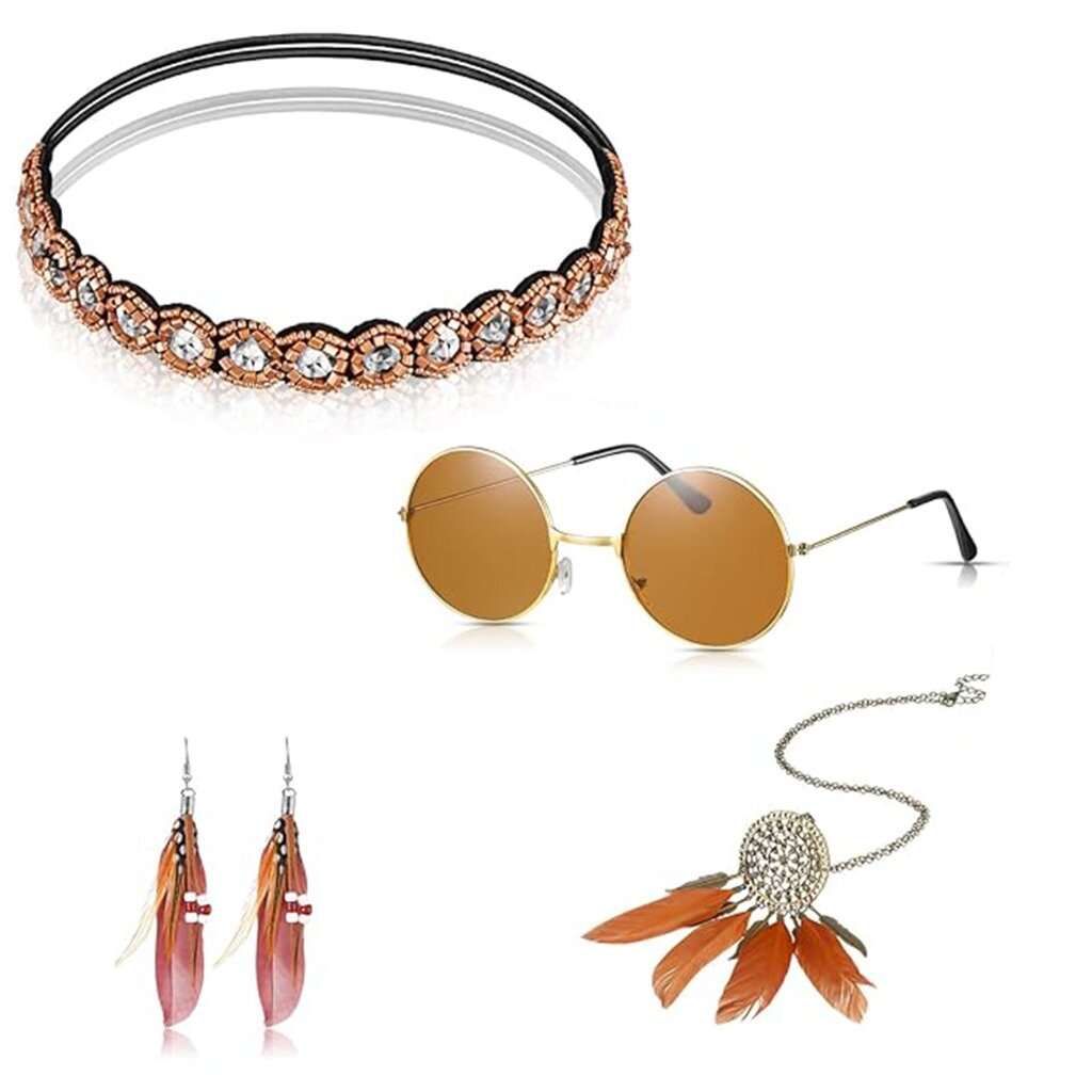 1970-е Хиппи Бижутерия Набор Пернатая Повязка На Голову Ожерелье Серьги Очки для Женщин 70-е 60-е Тематические Косплей Мероприятия
