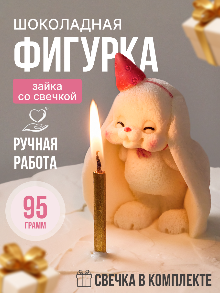 Шоколадная фигурка для торта "Зайка задувает свечку", ванильный вкус, 100 гр