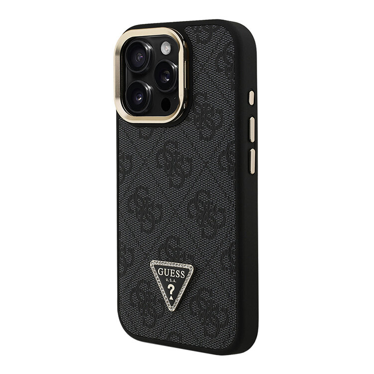 Guess чехол с подставкой для iPhone 16 Pro, PU-кожа 4G Triangle metal logo, черный (MagSafe)