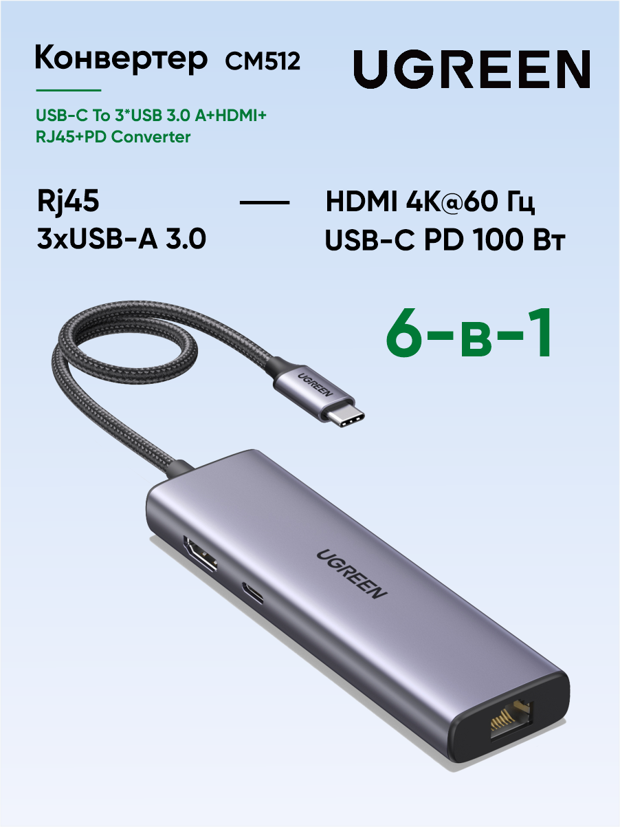 Адаптер UGREEN CM512 (15598) USB-C To 3*USB 3.0 A+HDMI+RJ45+PD Converter - Gray