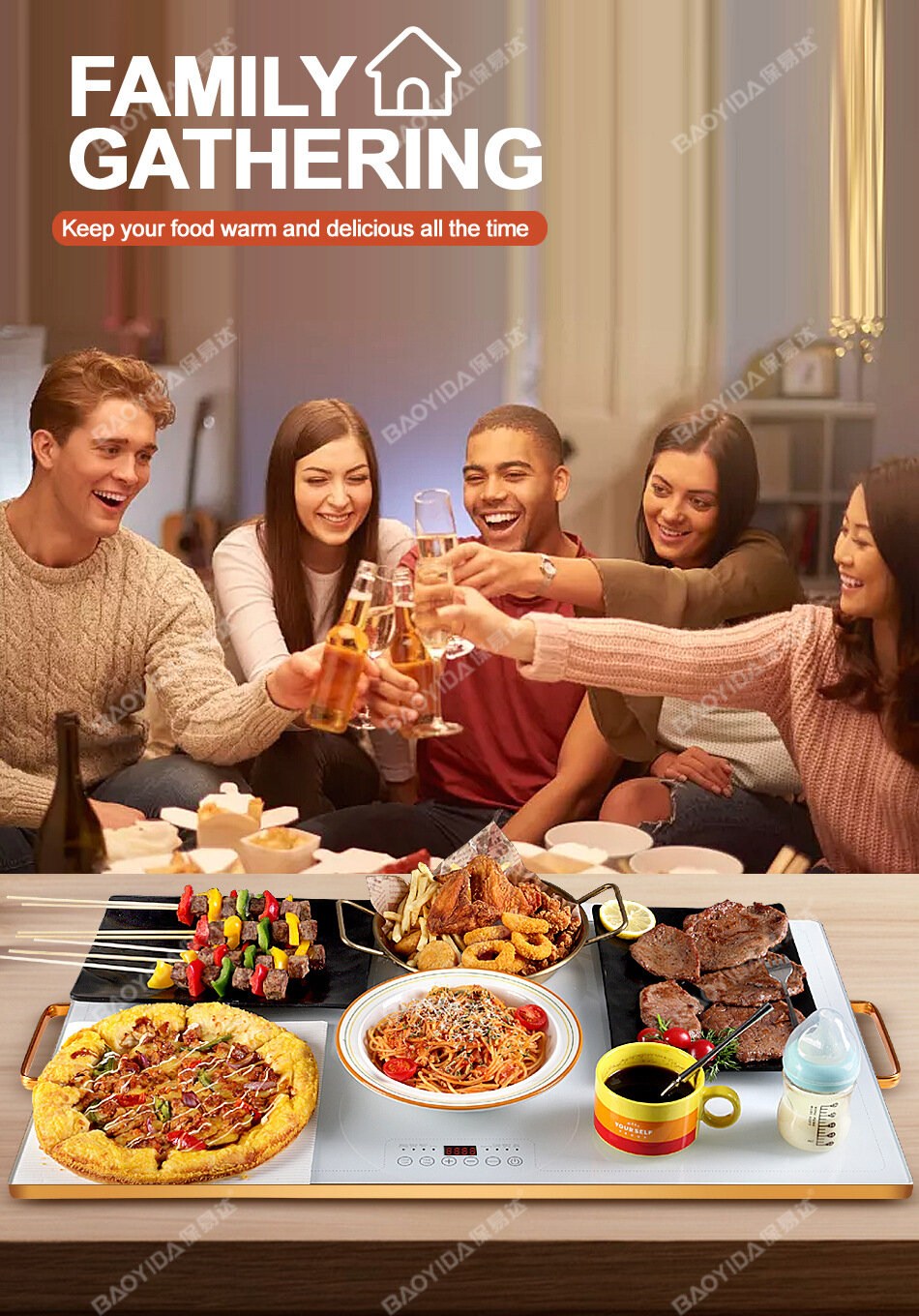 Электрический подогреватель для еды с закалённым стеклом: поднос для подогрева блюд, сохраняет тепло пищи