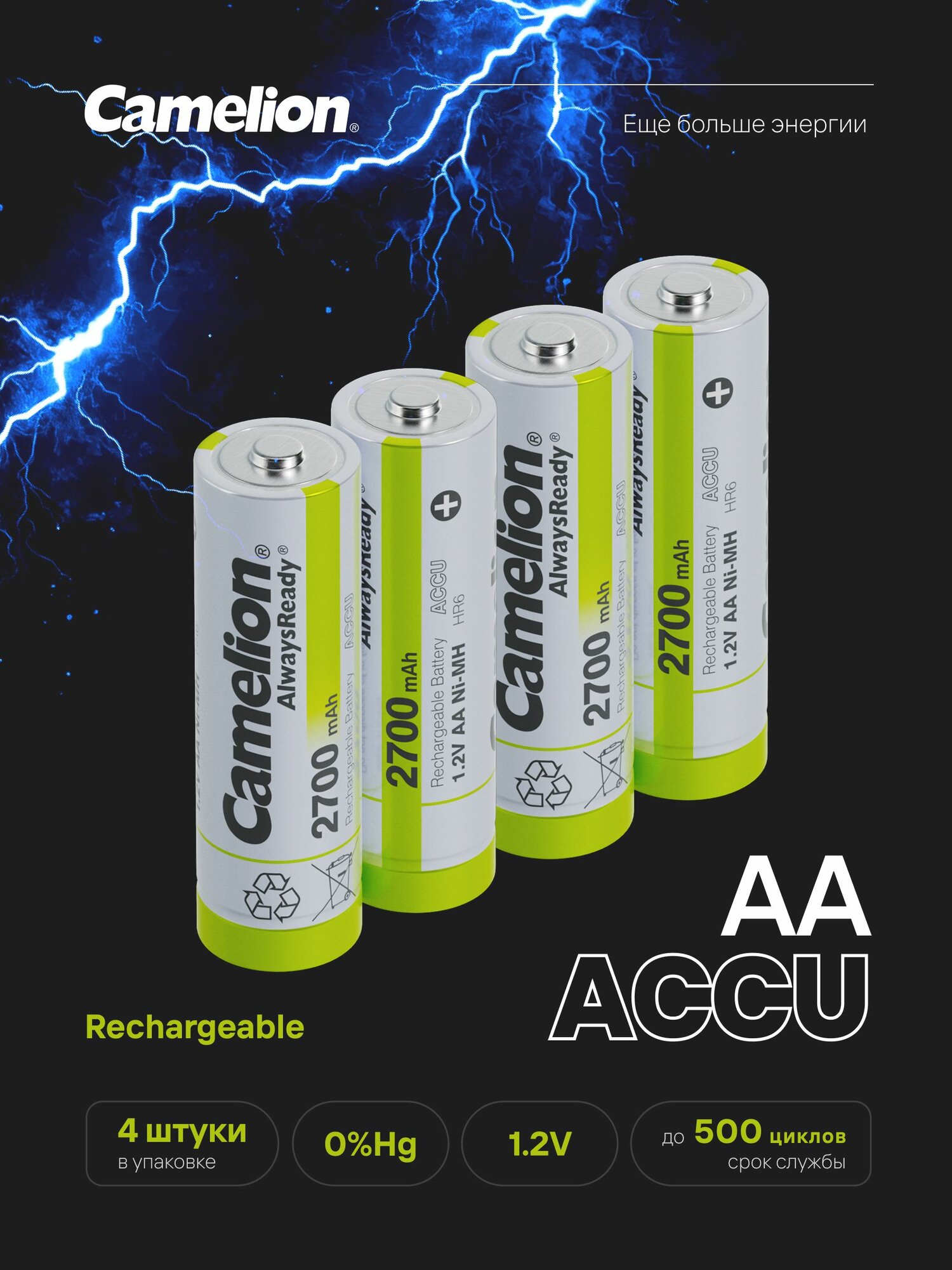 Аккумуляторные батарейки АА Camelion предзаряженные, 4 шт в блистере, пальчиковые аккумуляторы