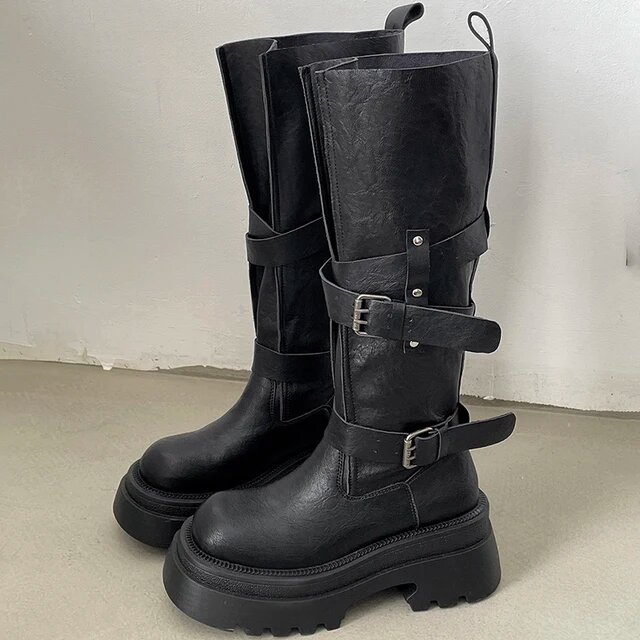 Винтажные женские сапоги до колена с толстой подошвой, модные туфли с пряжкой на ремне и молнией, женские длинные сапоги в рыцарском стиле