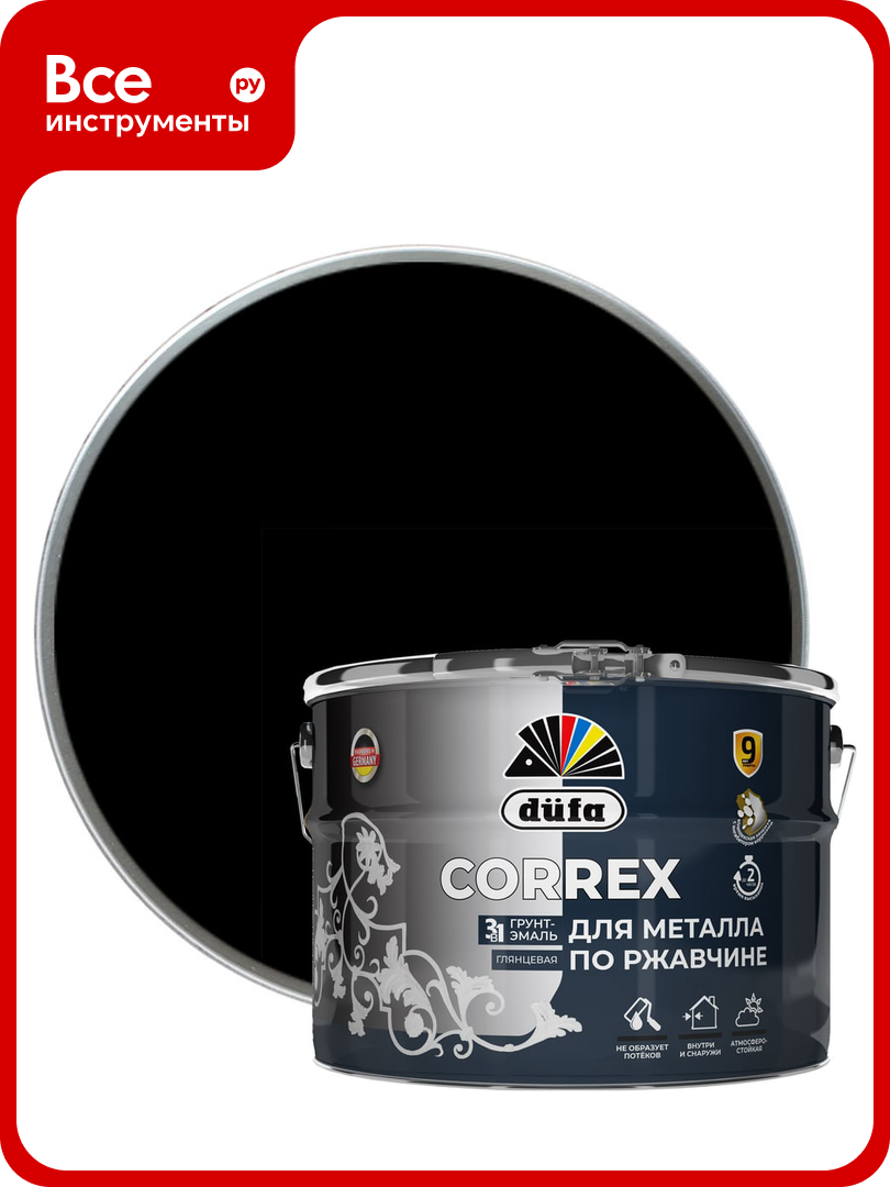 Грунт-эмаль, Dufa, Dufa CORREX 3 в 1 для металла по ржавчине RAL-9005 черный 10 л МП00-013661