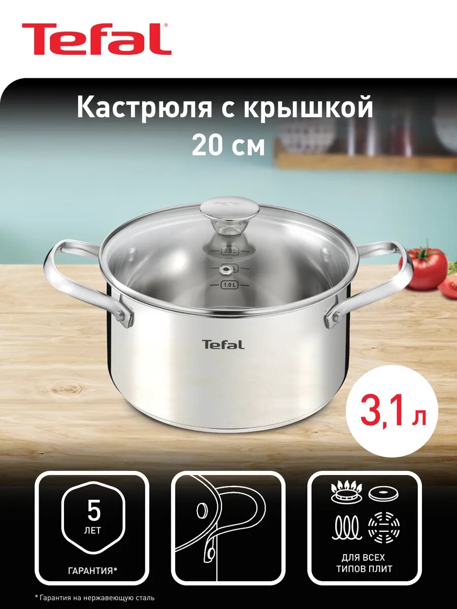 Кастрюля 3.1 л 20 см Tefal Cook Eat B9214474 с крышкой, из нержавеющей стали, с мерной шкалой, для всех типов плит, включая индукционные, гарантия на нержавеющую сталь 5 лет