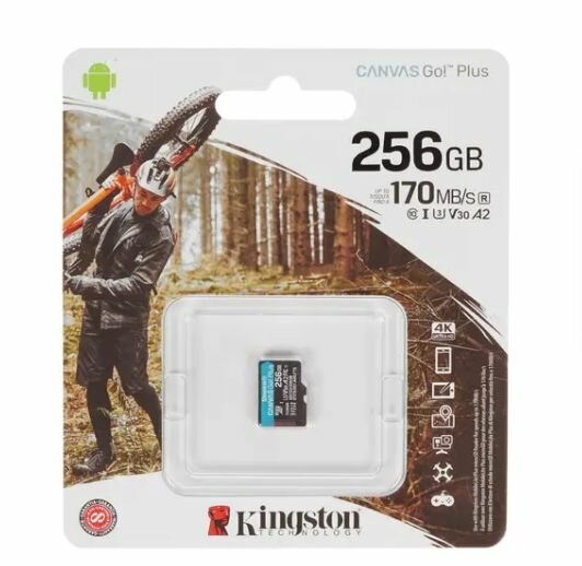 Карта памяти Kingston Canvas Go! Plus microSDXC 256 ГБ (SDCG3/256GBSP) - A2, Сlass 10, UHS Class 3, Video Class 30, запись - 90 Мбайт/сек, чтение - 170 Мбайт/сек