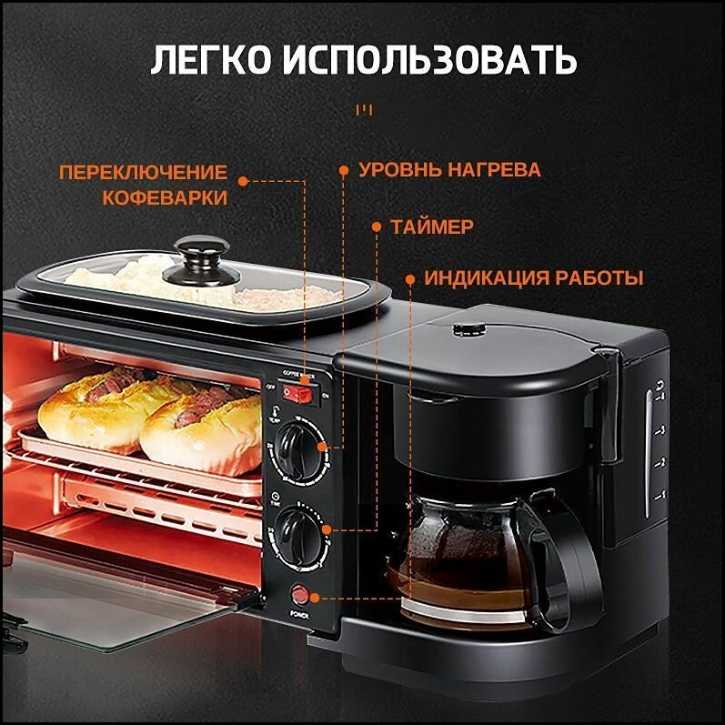 Мини-печь мини-печь 3 в 1; машина для приготовления завтрака; Мультиварка; скороварка; электрическая духовка; кофеварка; гриль; Мультипекарь; Многофункциональная электрическая мини-печь; яйцеварка электрическая; омлетница; гриль электрический 3 в 1, черный