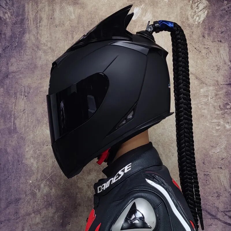 Полнолицевой шлем, мотоциклетный шлем, двойные линзы, гоночный шлем, индивидуальные косы, рога, S, Черный, Унисекс