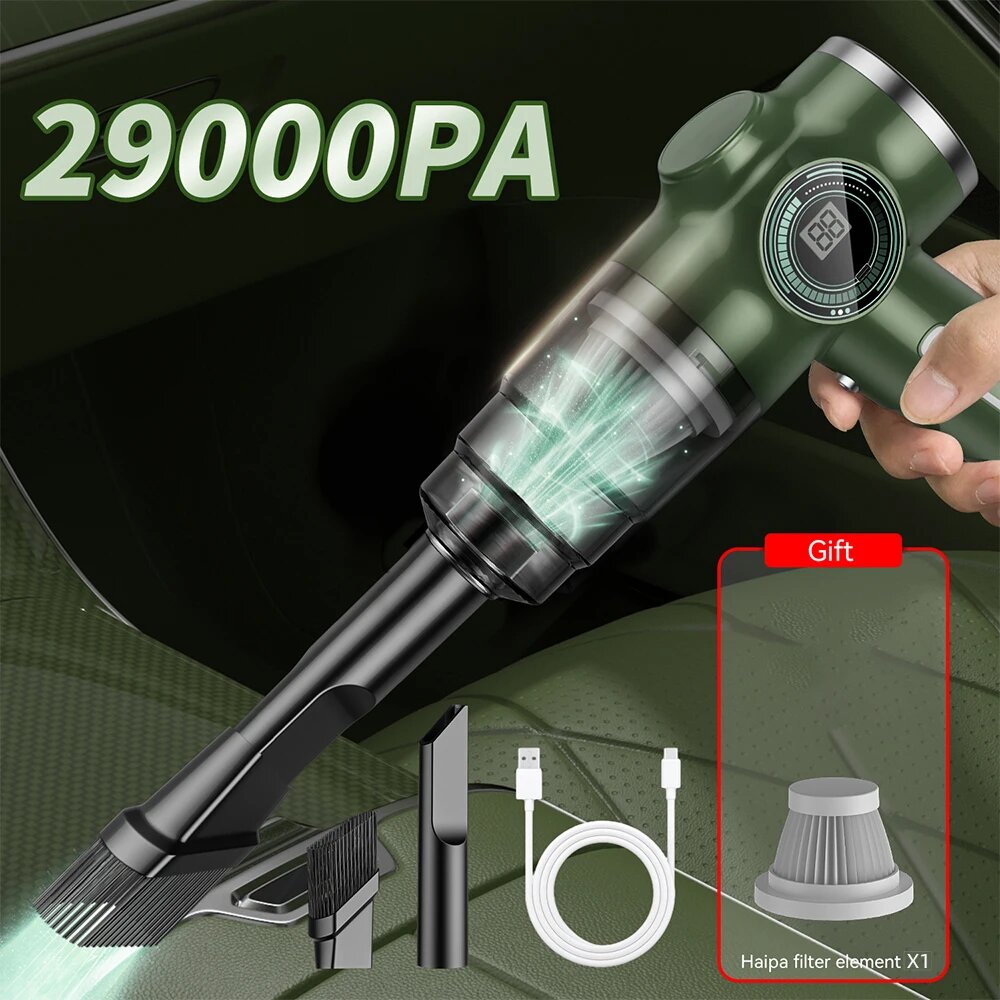 Новый беспроводной автомобильный пылесос 29000Pa, портативный пылесос, ручной мини-автомобильный мощный пылесос для автомобиля, бытовая техника, Green 1Pcs Filter