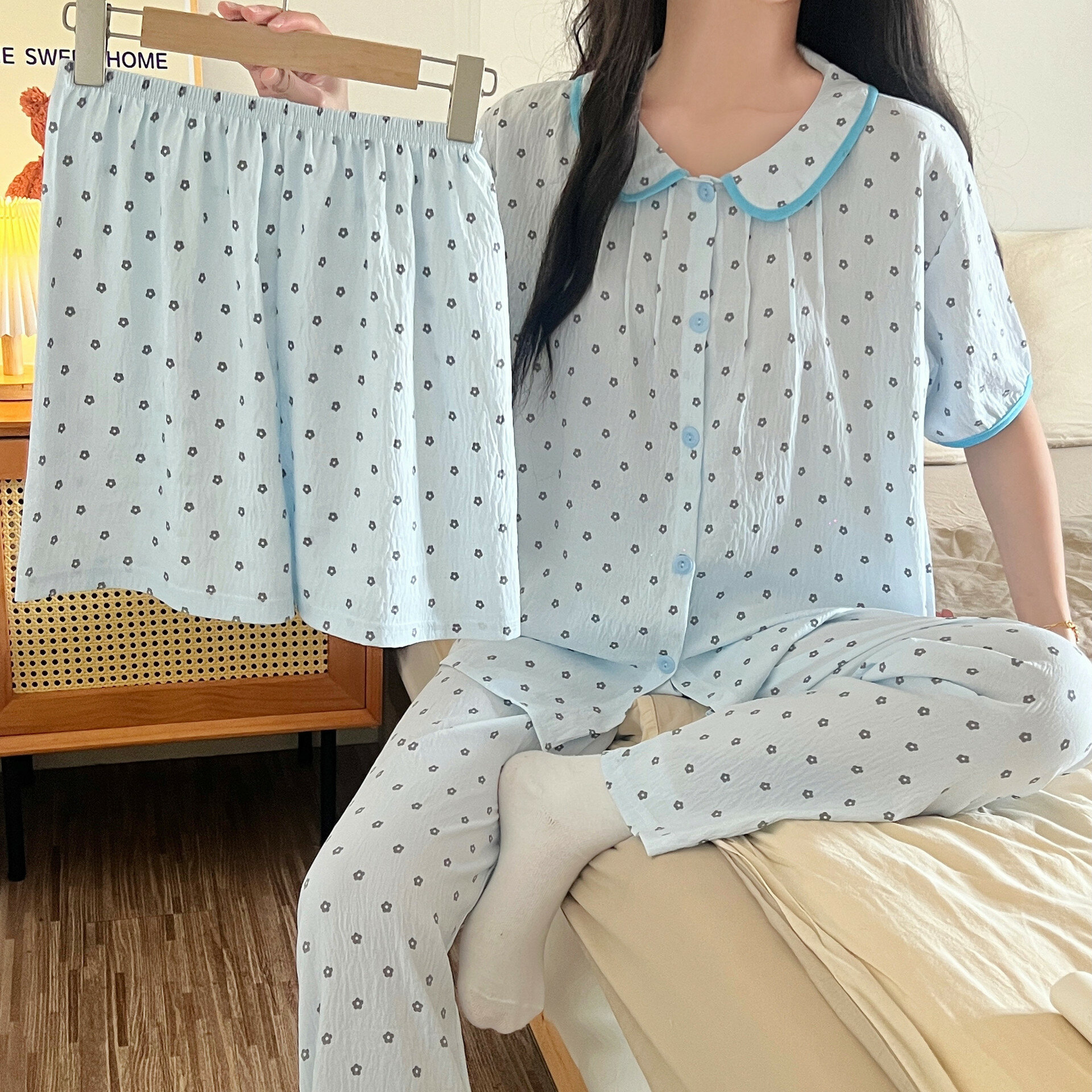 Женская пижама-тройка с воротником-«облаком», шорты и брюки с короткими рукавами, домашняя одежда, размер: M