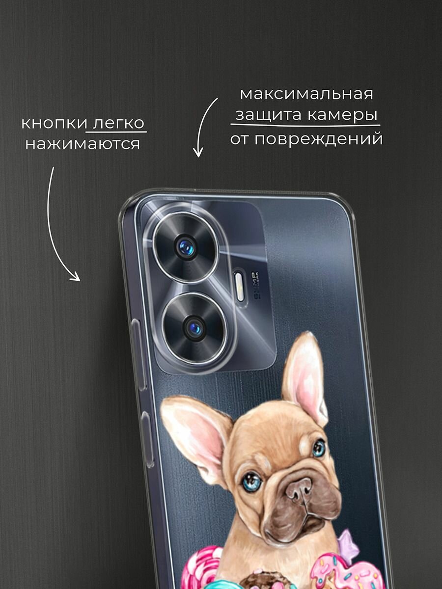 Чехол на Realme C55 / Реалми C55 с принтом "Бульдог и сладости", прозрачный — фото 1