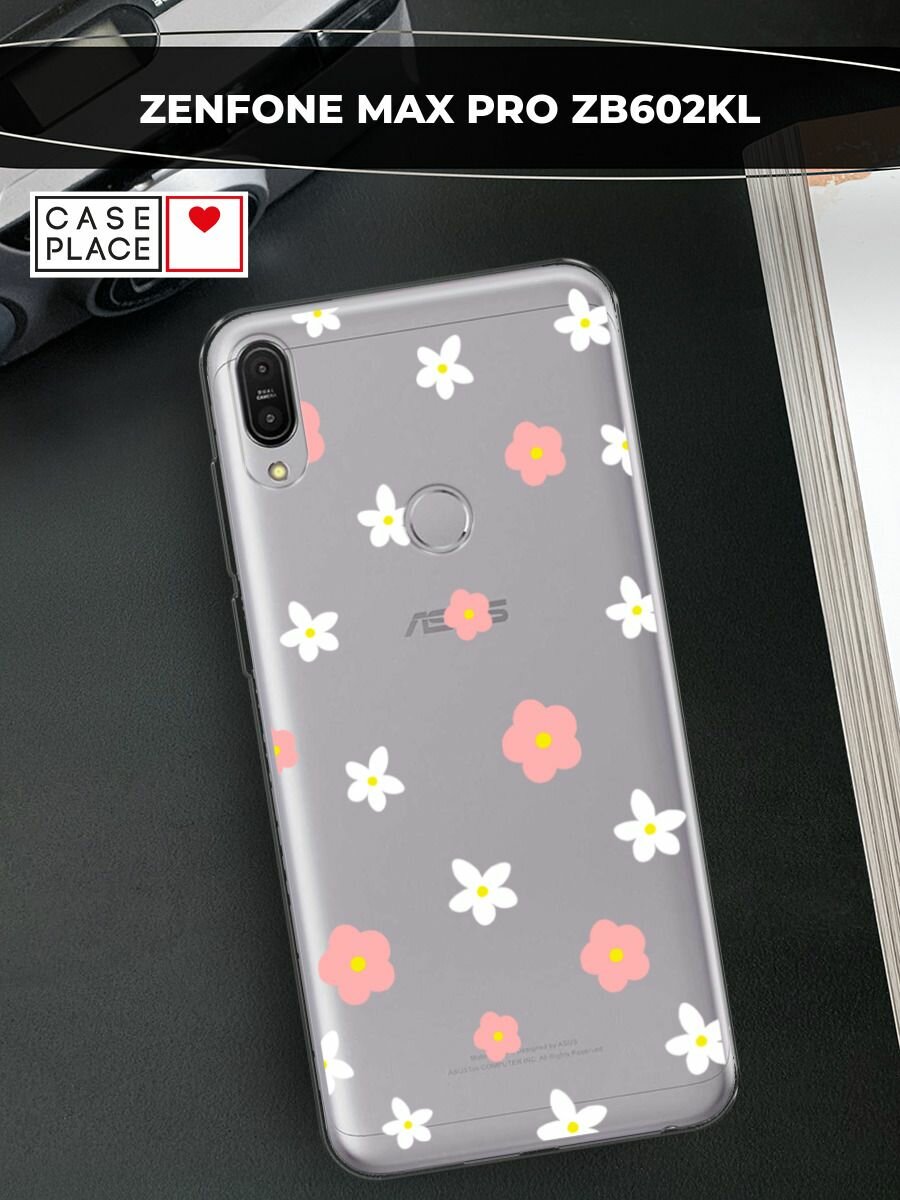 Чехол на Asus ZenFone Max Pro ZB602KL / Асус Зенфон Макс Про ZB602KL с принтом "Розовые и белые цветы", прозрачный