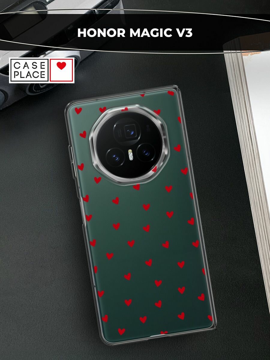 Чехол на Honor Magic V3 / Хонор Мэджик V3 с принтом "Red hearts", прозрачный