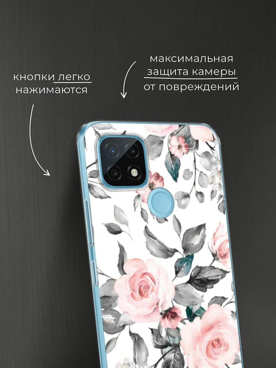 Силиконовый чехол на Realme C21 / Реалми С21 с принтом "Розы на белом" — фото 1