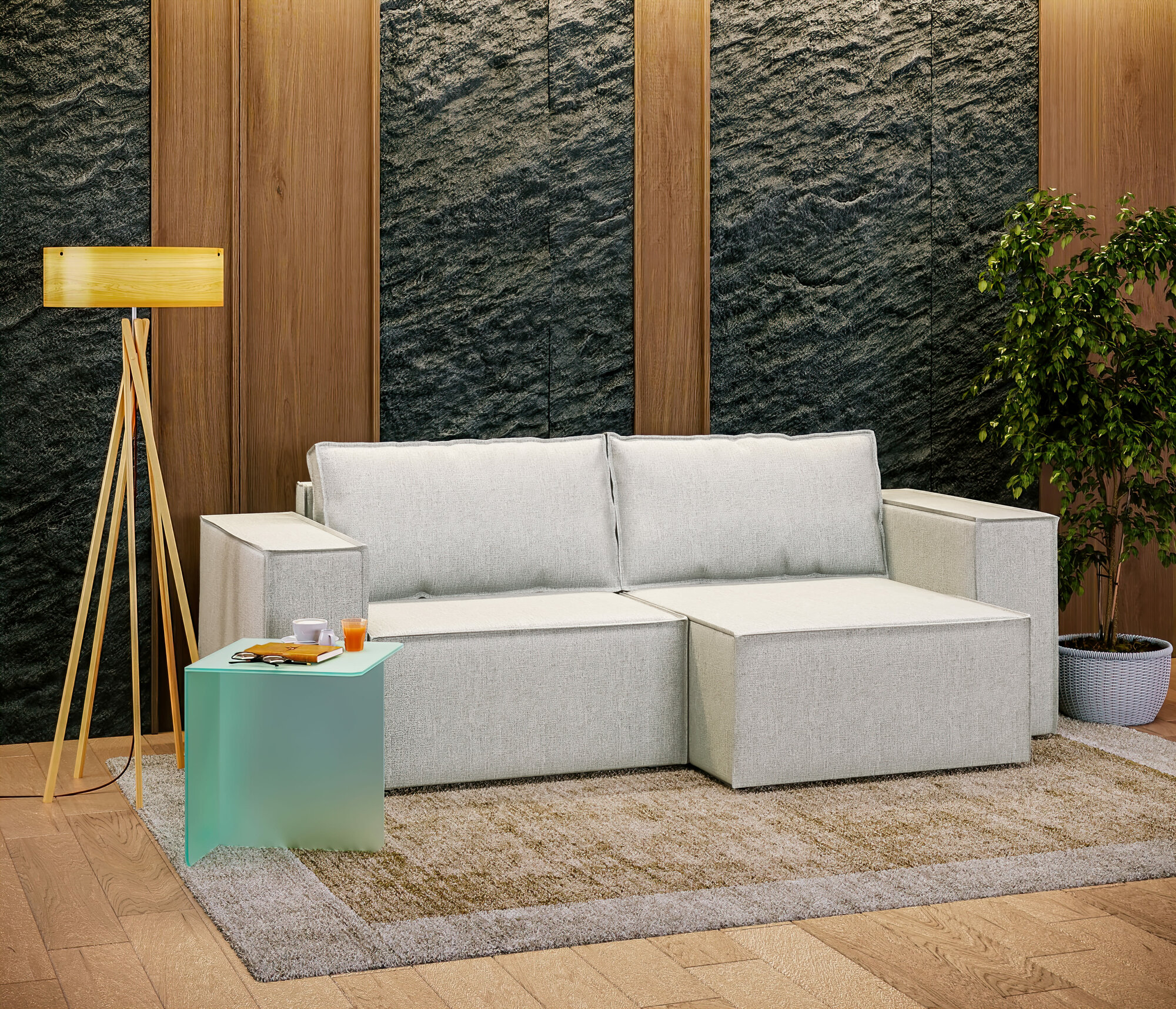 Угловой диван эби, еврокнижка, рогожка саванна плюс ивори , ППУ