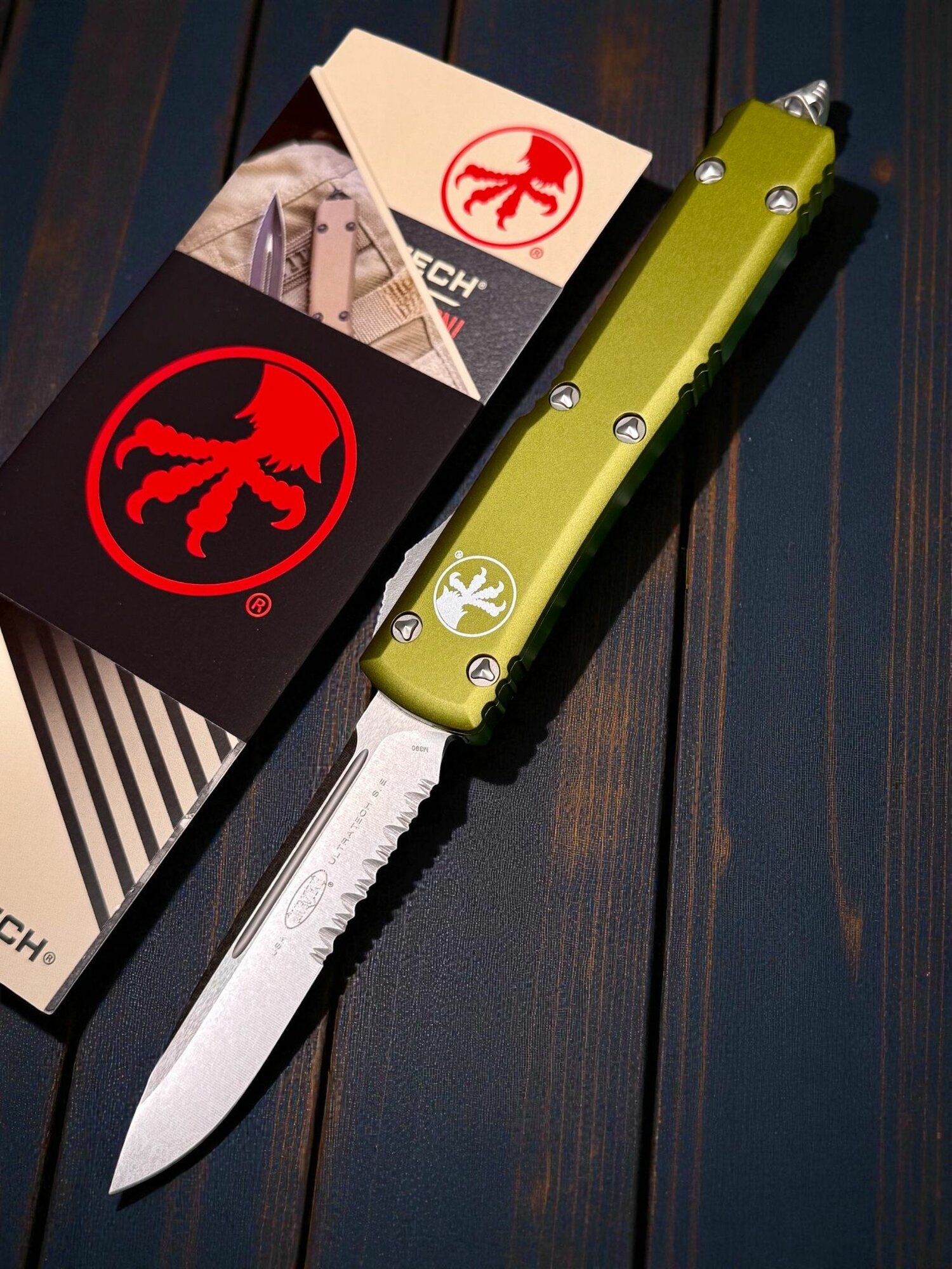 Нож складной MicroTech MCT12111OD Ultratech, Stonewash PartSerrated Blade, OD Green Handle