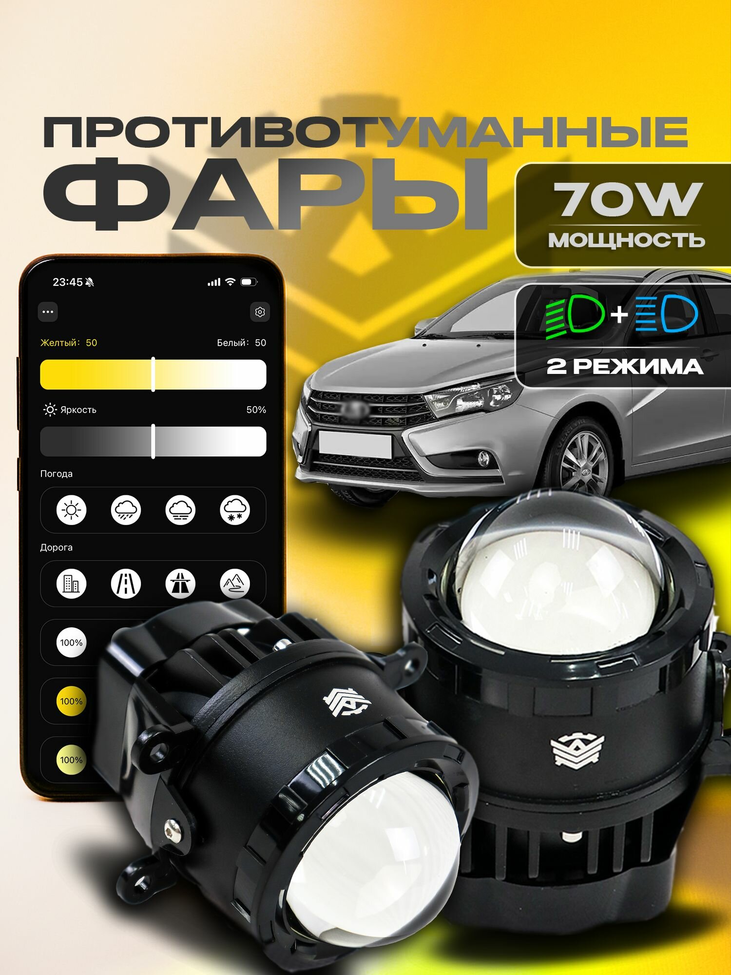 Противотуманные фары с приложением светодиодные линзованные Bi-LED (ближний + дальний) для Becтa, Гpaнтa FL, Лapгyc FL