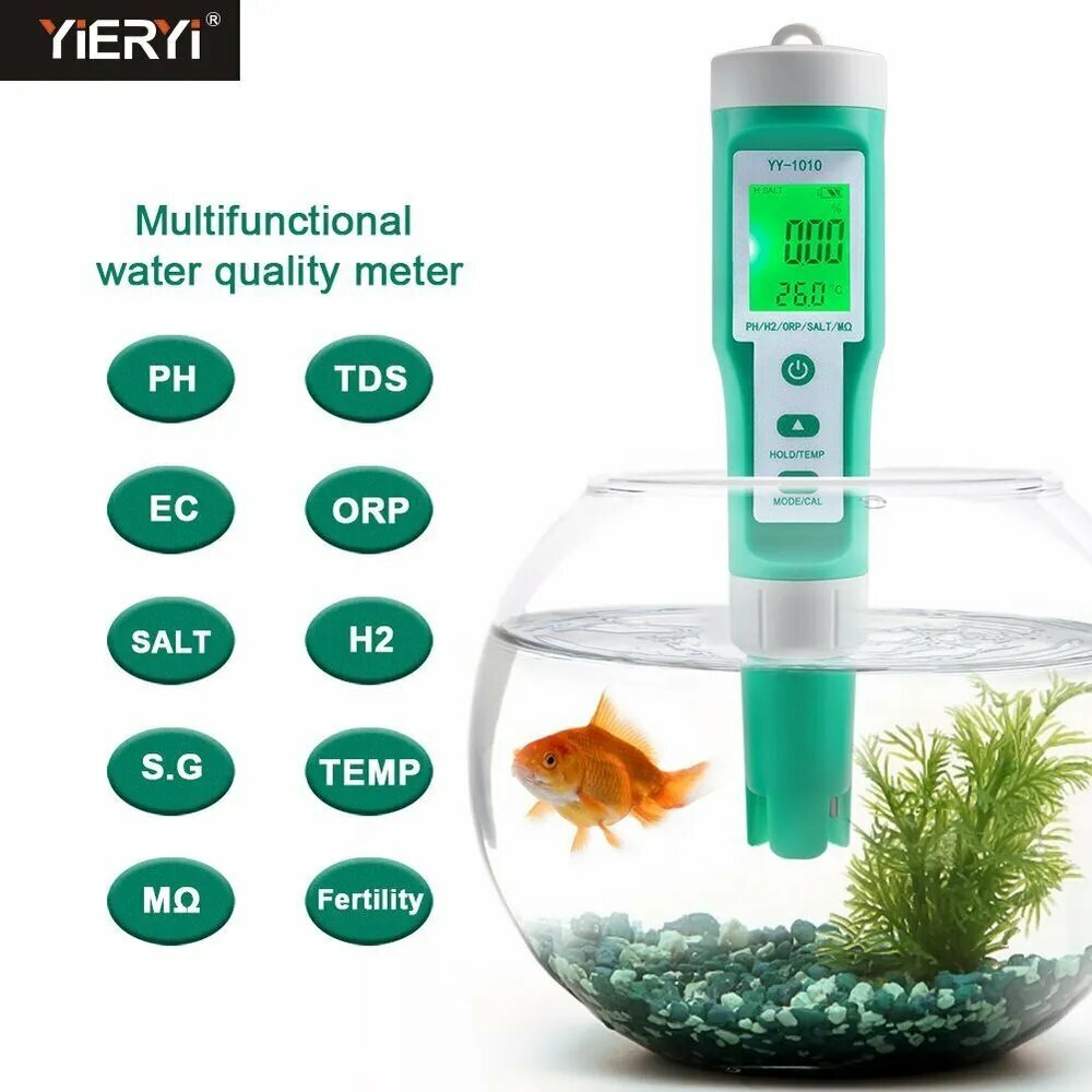 10-в-1 измеритель качества воды PH EC TDS ORP H2 Fertility Salinity S.G. Resistivity Temperature для аквариумной аквакультуры