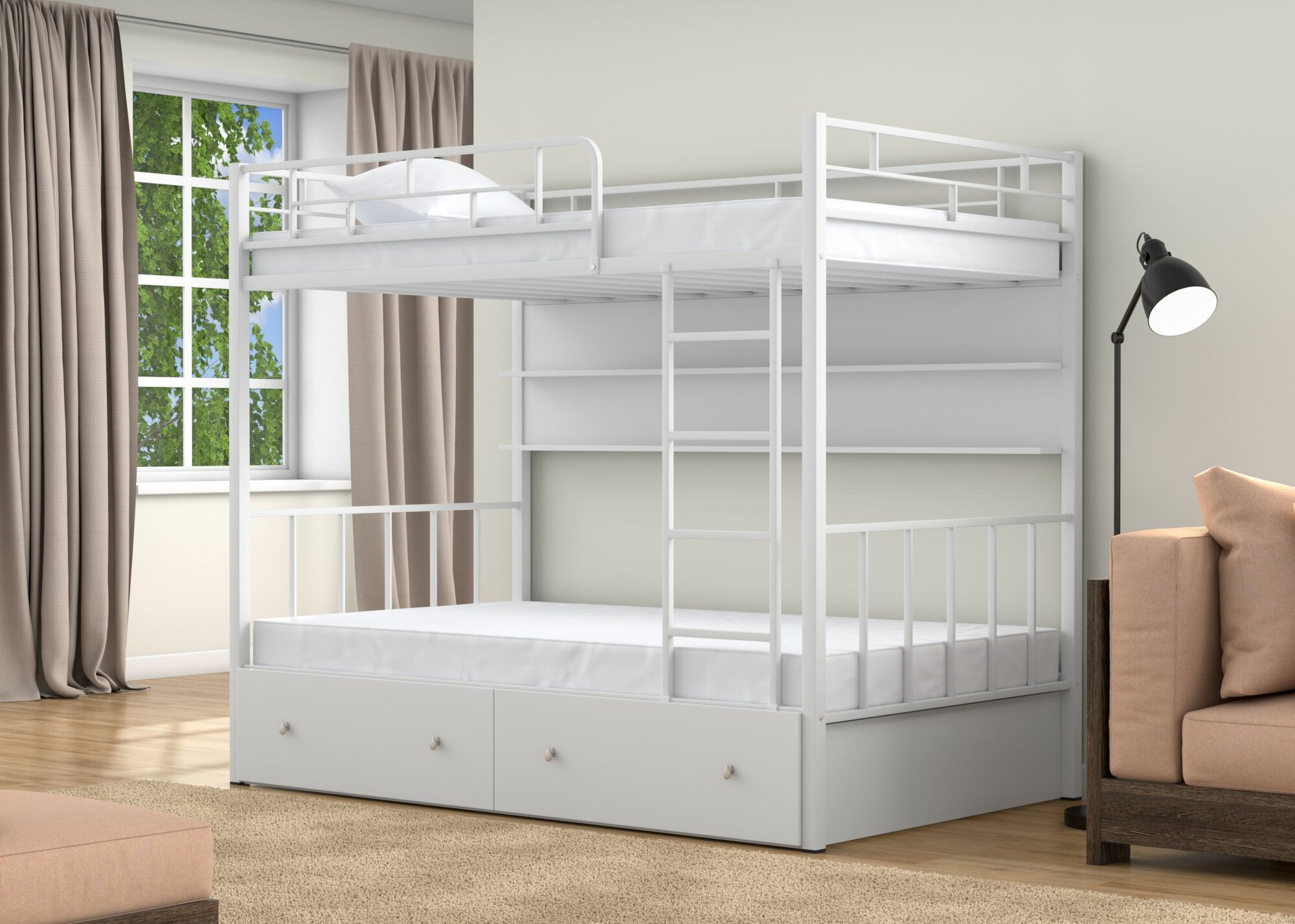 Двухъярусная кровать Валенсия 120 Белый ящики полка Белые