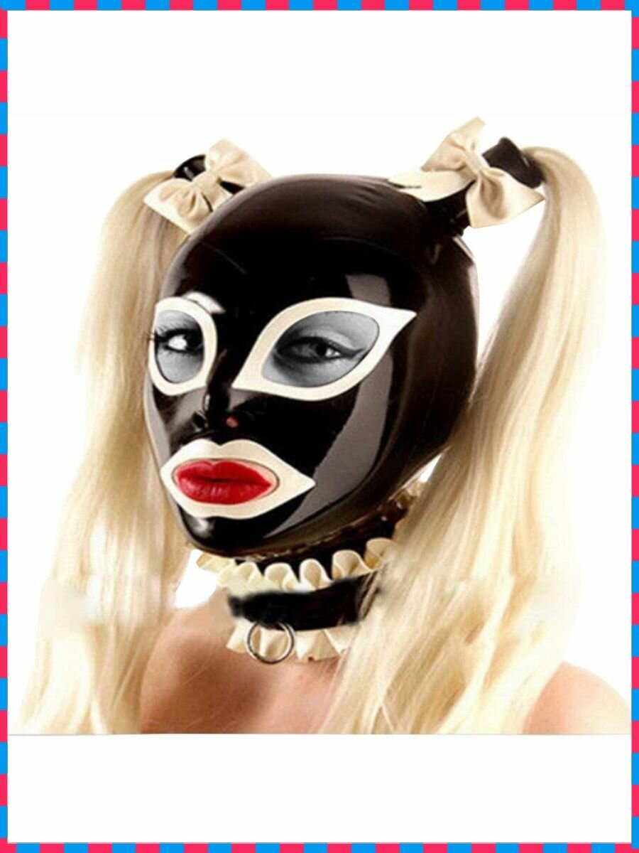 БДСМ бондаж латексная маска на голову черная с париком