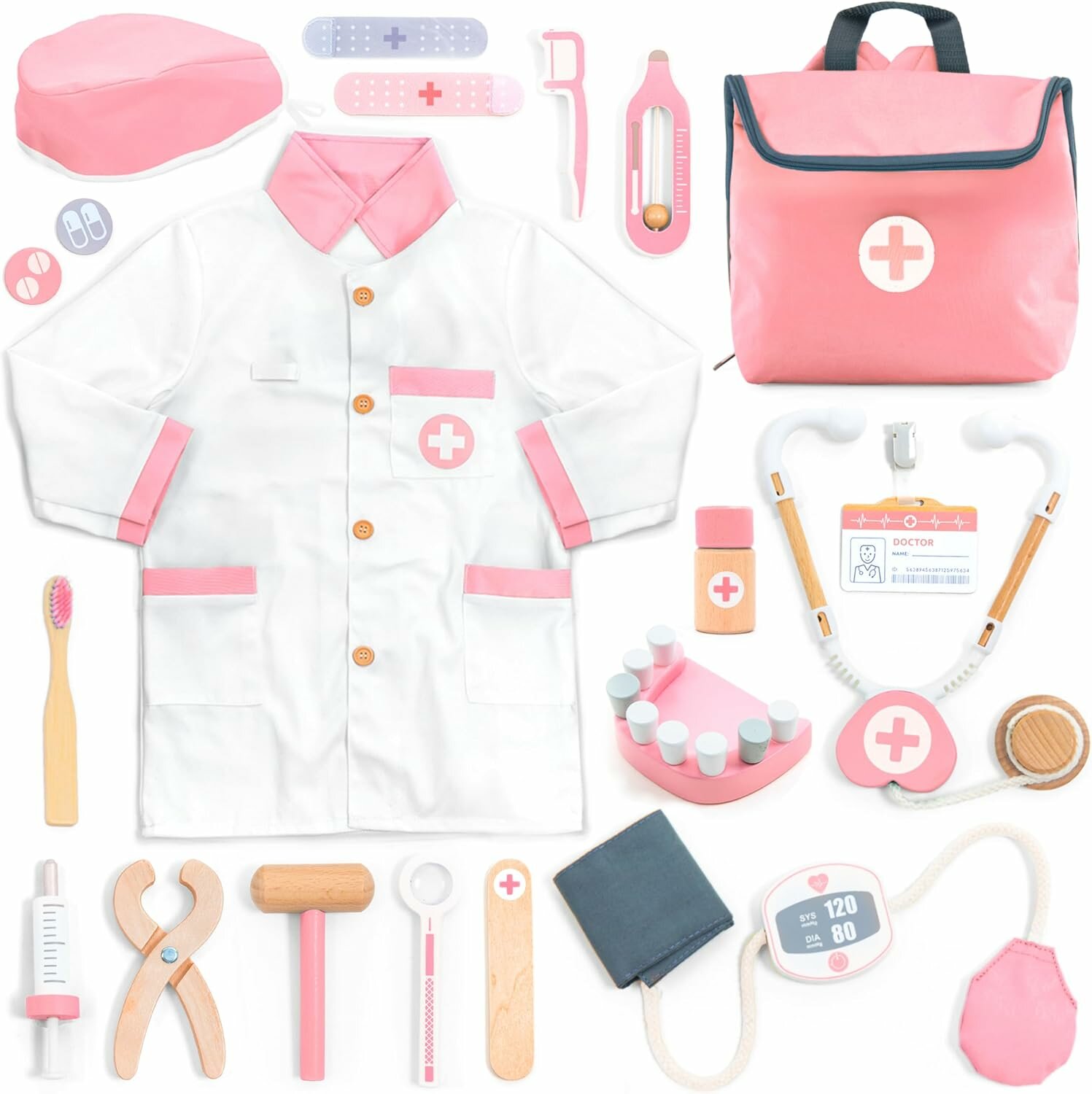 Игровой детский набор UMU - Детский деревянный набор доктора с халатом и аксессуарами - 1361