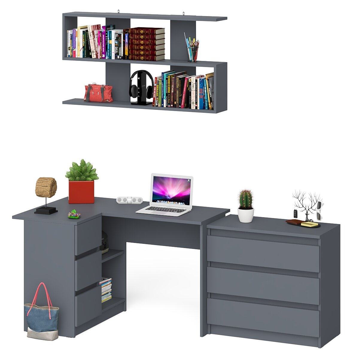 Комод на три ящика с компьютерным столом для работы Мори МС-16 левый и открытой полкой, графит, 204,8х84,9х209,6 см.