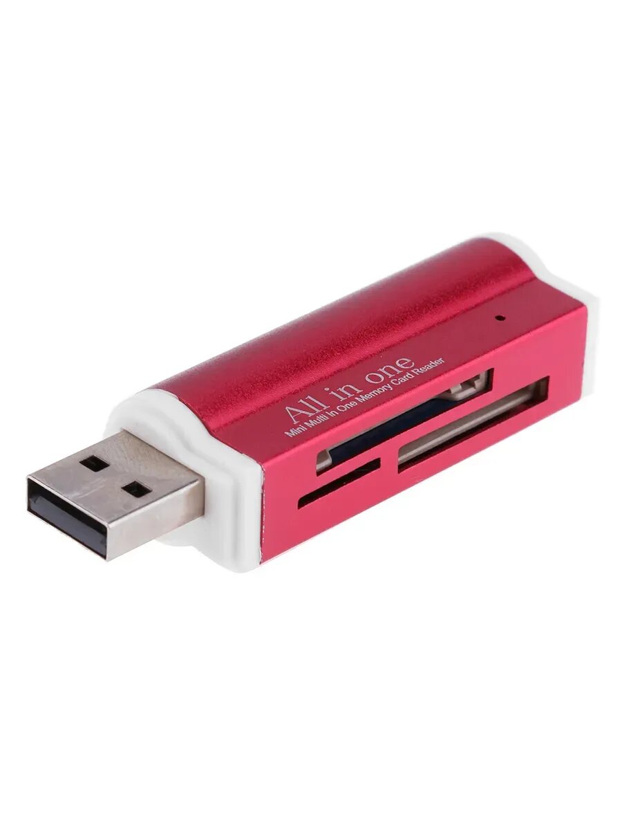Картридер USB2.0 "4 в 1", для SD/MiniSD/MMC/TF, алюминиевый, красный