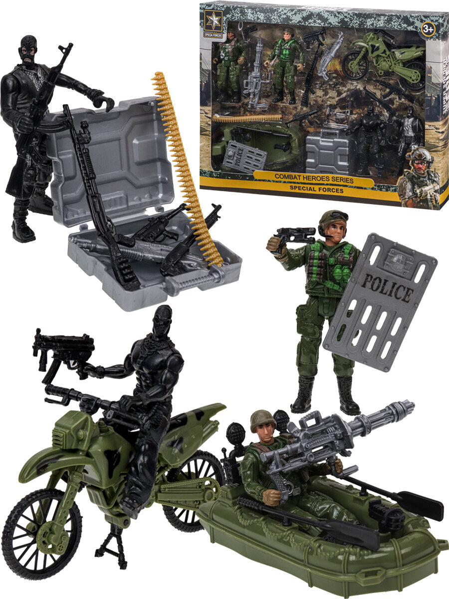 Военный игровой набор "Спецоперация"(4 фигурки, лодка, мотоцикл) (35x4x25 cм) (Арт. 2180024)