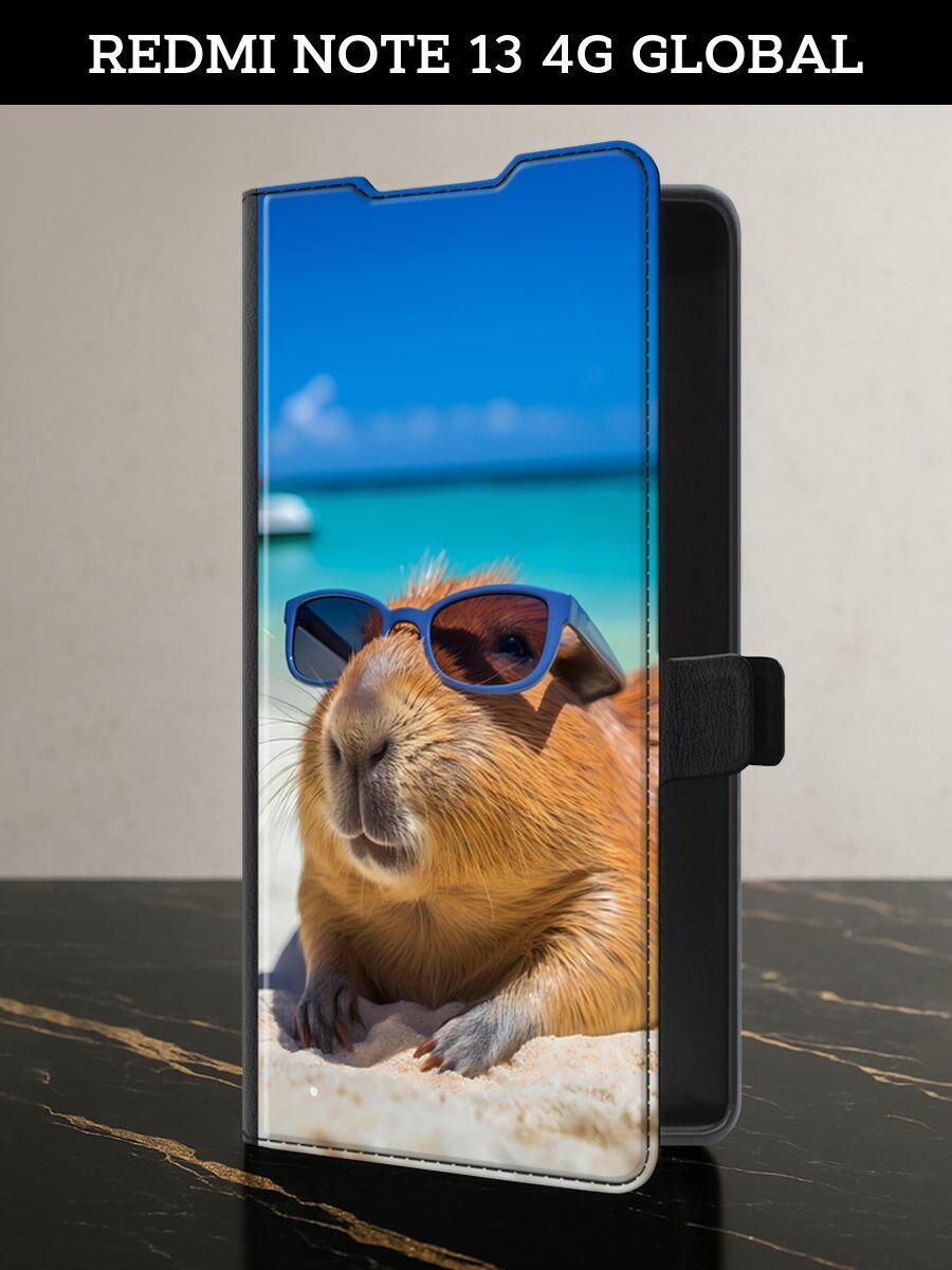 Чехол-книжка на Xiaomi Redmi Note 13 4G (Global) (Сяоми Редми Нот 13 4G) с картой с капибарой