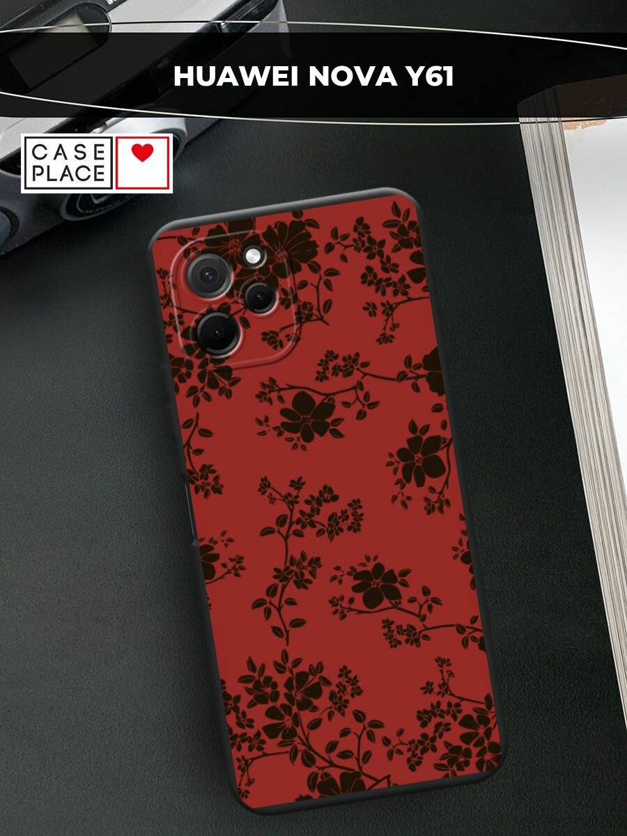 Черный матовый чехол на HuaweI Nova Y61 / Хуавей Нова Y61 с принтом Черные цветы на красном