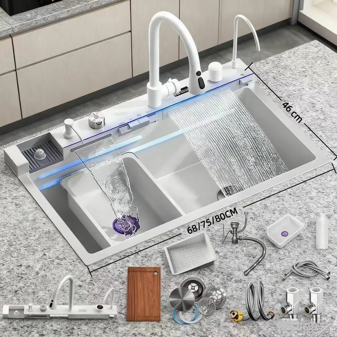 Мойка для кухни многофункциональная врезная из нержавеющей стали 68х46 см, раковина для кухни белая с подсветкой / смеситель, дозатор, водопад, ринзер для мытья стаканов в комплекте и т. д