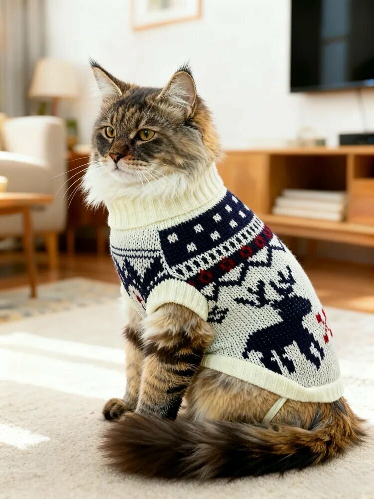 Свитер для собак и кошек рождественский с оленьим узором, новогодний костюм для питомцев, утепленный