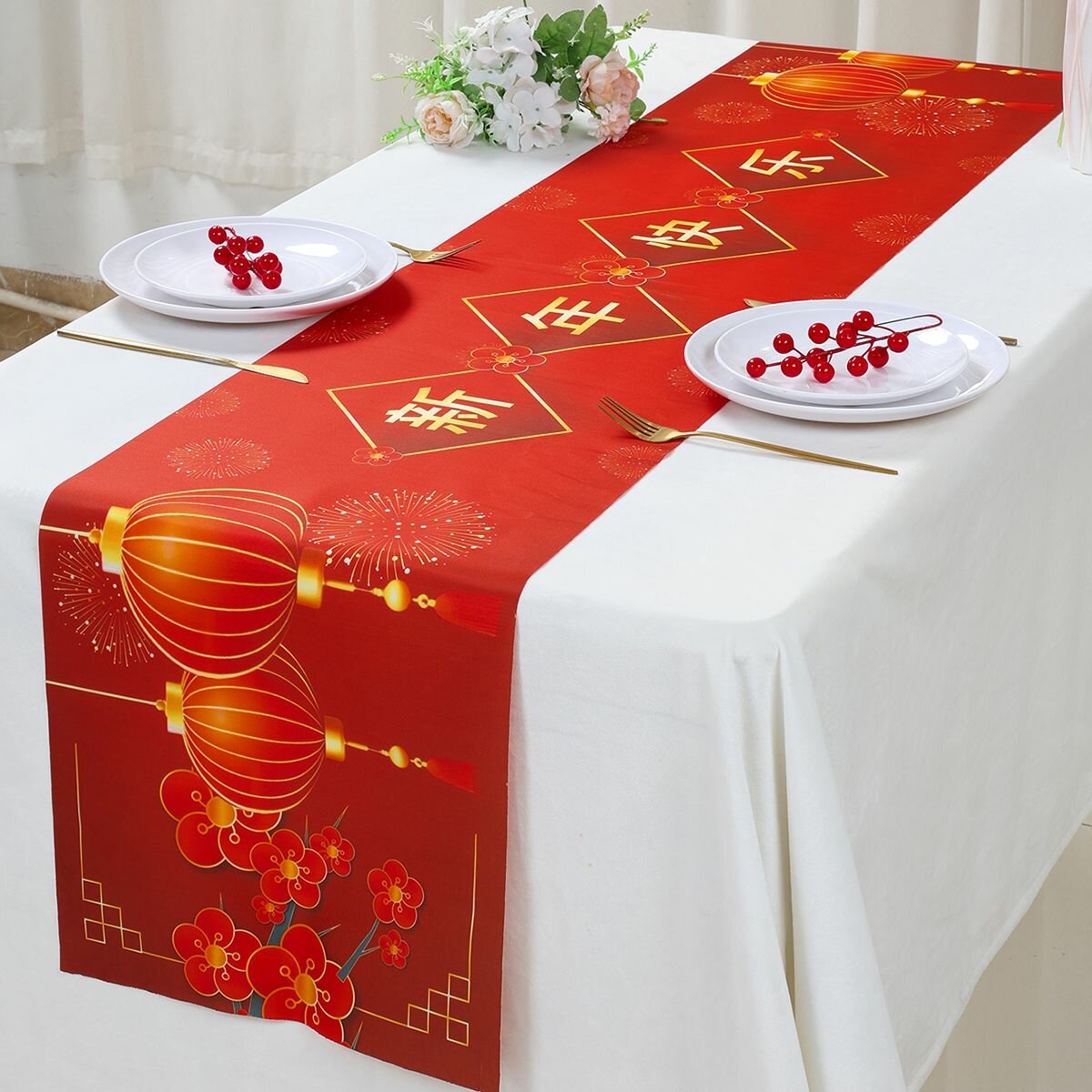 Настольный флаг Китайский Новый год, фейерверки и фонари , 180*35 см